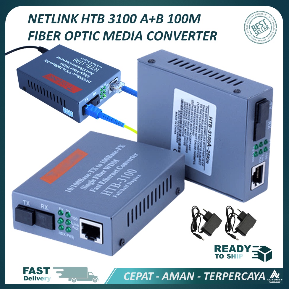 Jual 1 Pasang Netlink HTB 3100 Media Converter Fiber Optic 25KM 10/100M ...