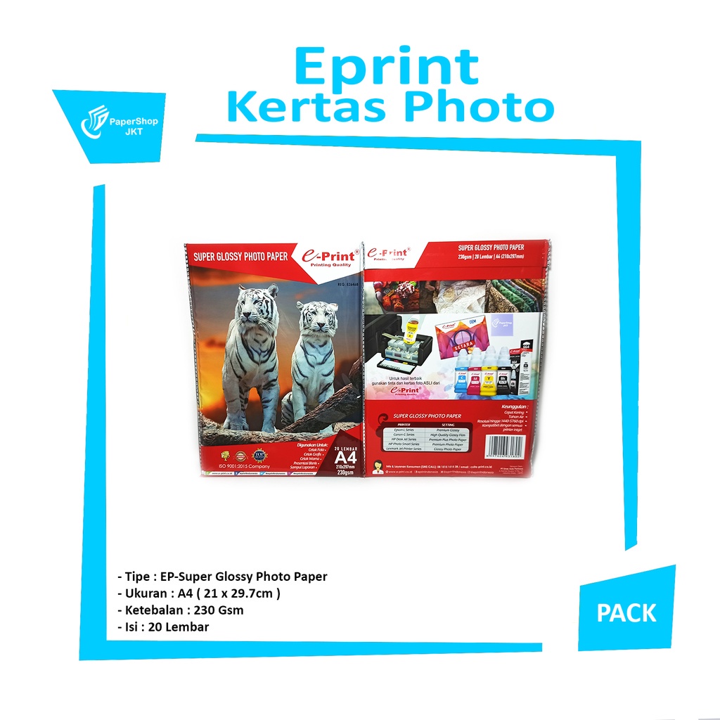 Jual EPRINT - Kertas Foto Eprint Glossy A4 230Gsm 20s Macan - Pack ...