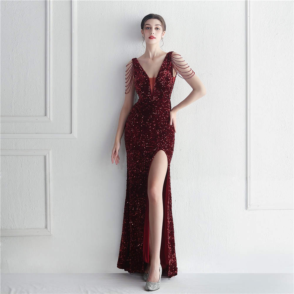 Jual Gaun malam panjang V-neck manik-manik tangan manik-manik tangan ...
