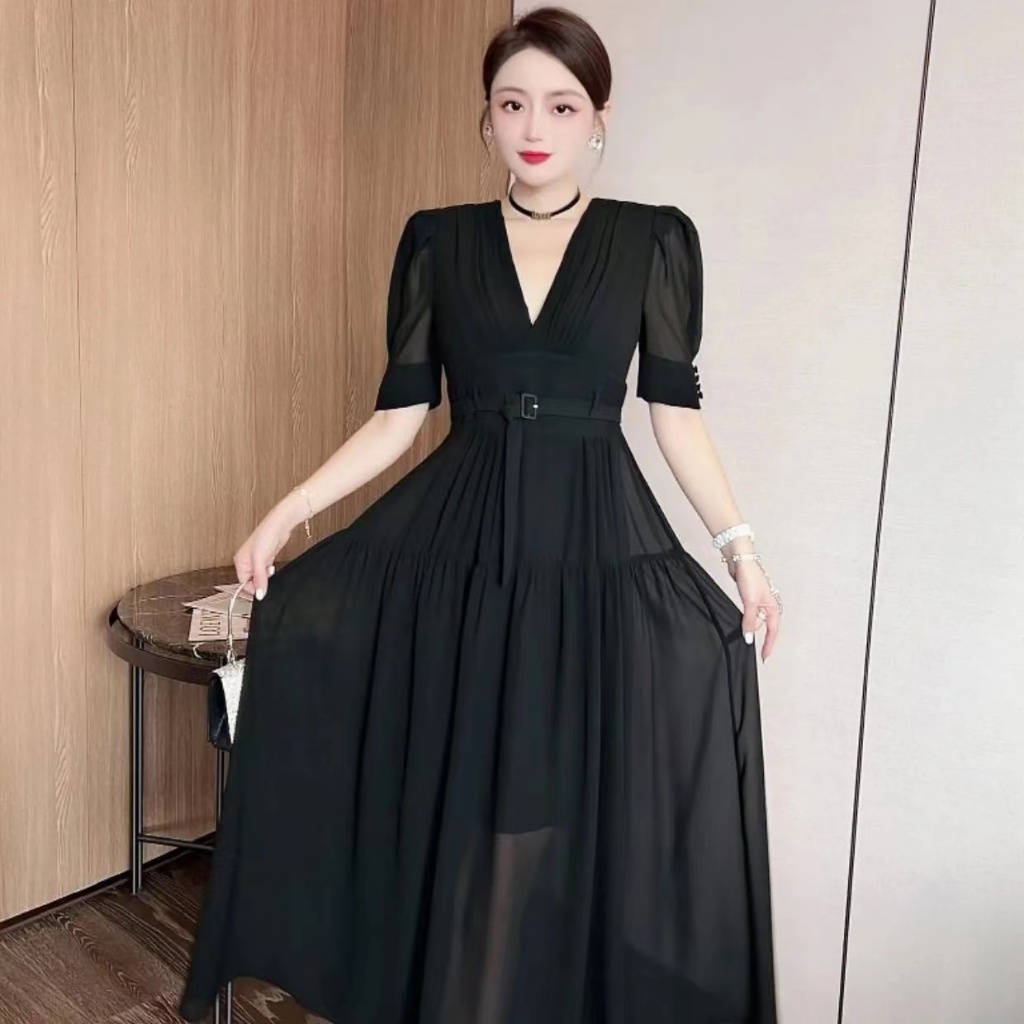 Jual FANMU 2025 V -Neck baru rok besar/gaun hitam elegan/gaun liar/gaun ...