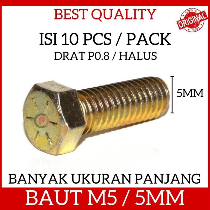 Jual Isi 10 Pcs Baut Hex Bolt M5 / 5mm Drat Halus Banyak Ukuran Panjang ...