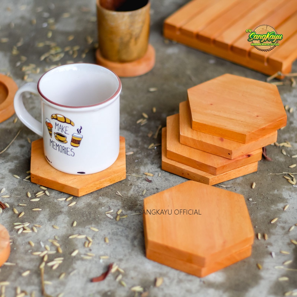 Jual Hexagonal wood coasters tatakan gelas kayu alami segi enam unik ...