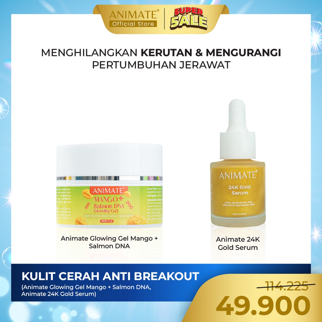 Jual KULIT CERAH ANTI BREAKOUT (Animate Glowing Gel Mango + Salmon DNA, Animate 24K Gold Serum ...