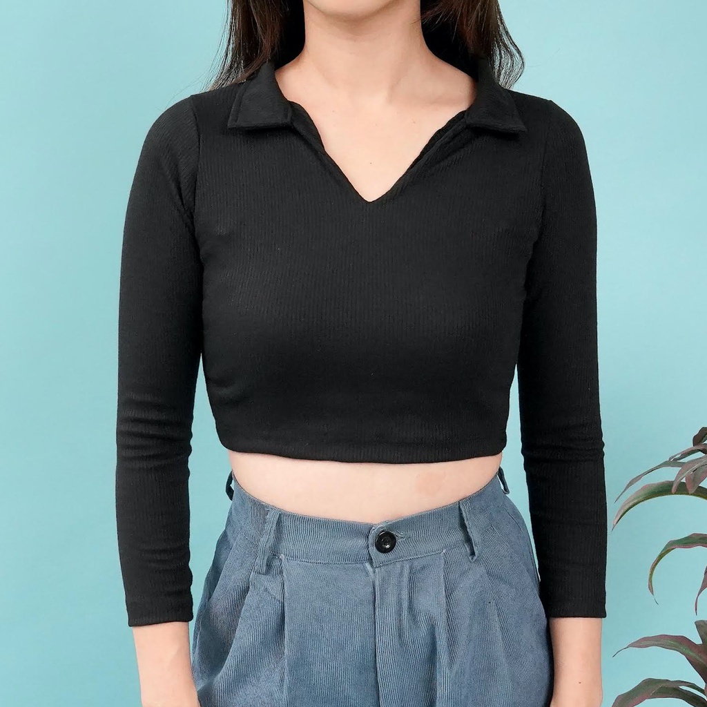 Jual [ S to XXL ] Larifa V-Neck Collar Crop Top Long Sleeves Knit Polo - Atasan Baju Rajut ...