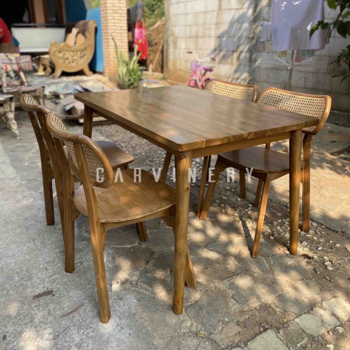 Jual Set Kursi Cafe Kacang Rotan Kayu Jati 4 Kursi Meja ukuran 120 x 80 CM | Shopee Indonesia