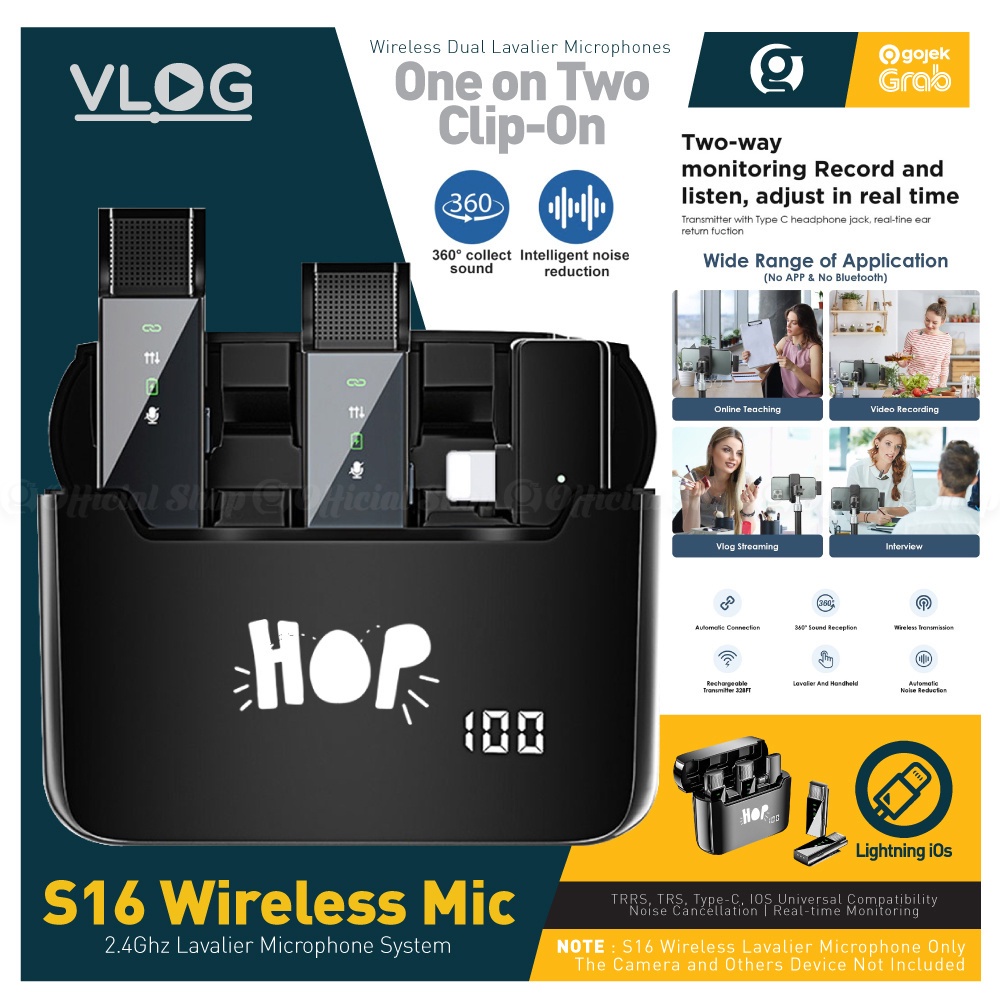 Jual HOP S16 Dual Mic Wireless Lavalier w/ Display Charging Case Clip On Jepit (Vlog) Lightning ...