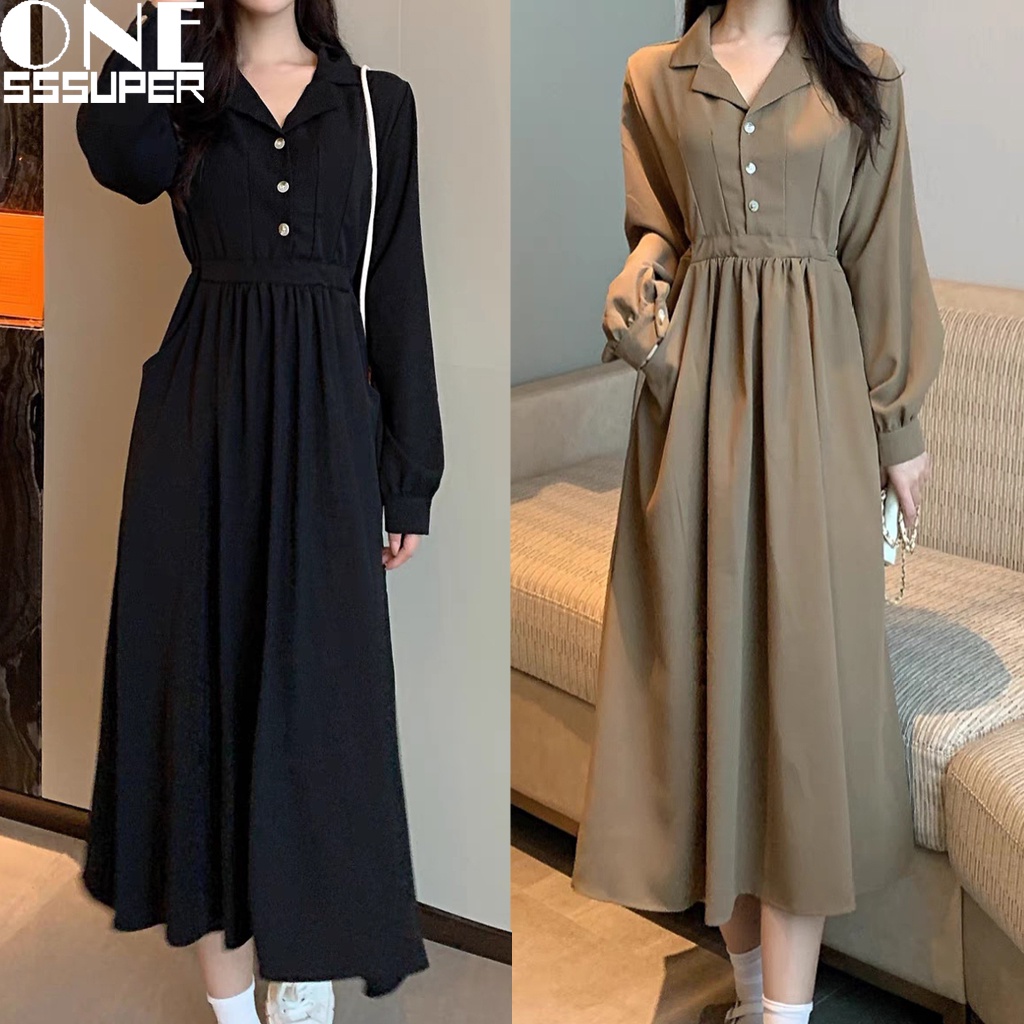 Jual Gaun V-neck lengan panjang retro Pinggang ramping dan gaun ...