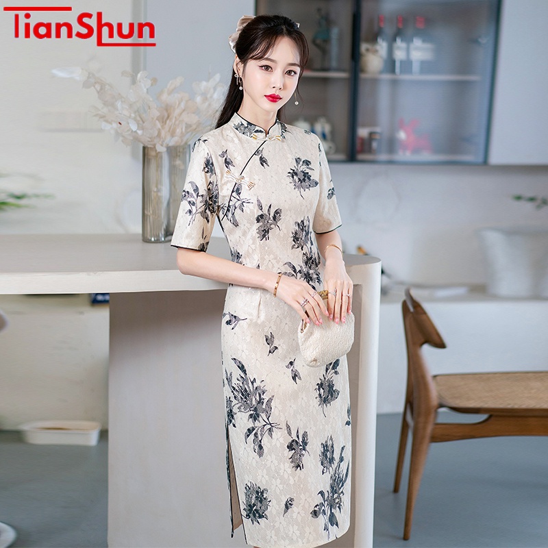 Jual Tianshun Chiffon Lace Printing Short Sleeve Modern Qipao ...
