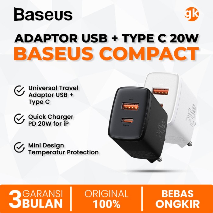 Jual BASEUS Compact Adaptor Fast Charge QC PD 20W USB + Type C Mini ...