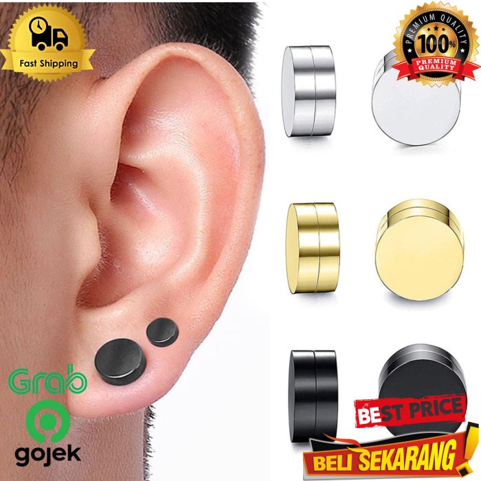 Jual Anting pria magnet jepit hitam silver gold no luntur tanpa tindik ...
