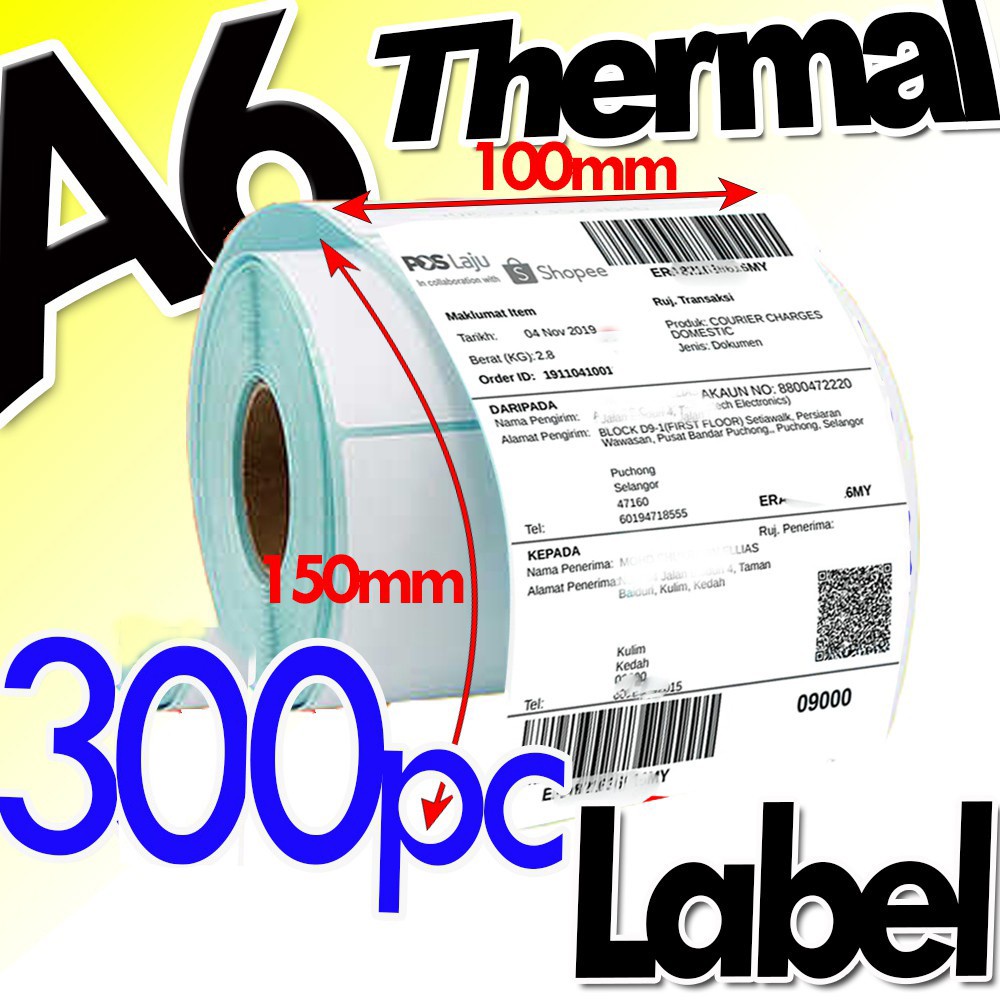 Jual LABEL STICKER THERMAL BARCODE 100x150mm (10x15cm 300Pcs Core 1") MURAH A6, 4" x 6" | Shopee ...