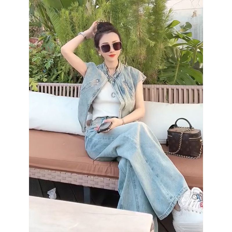 Jual New high-end salt light cooked light colored denim vest pants two ...