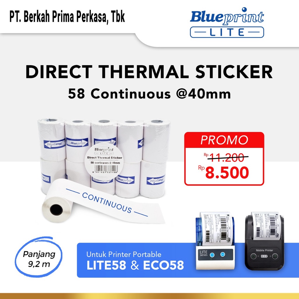 Jual Kertas Thermal Stiker , Label Sticker BLUEPRINT 58 mm Continuous ...