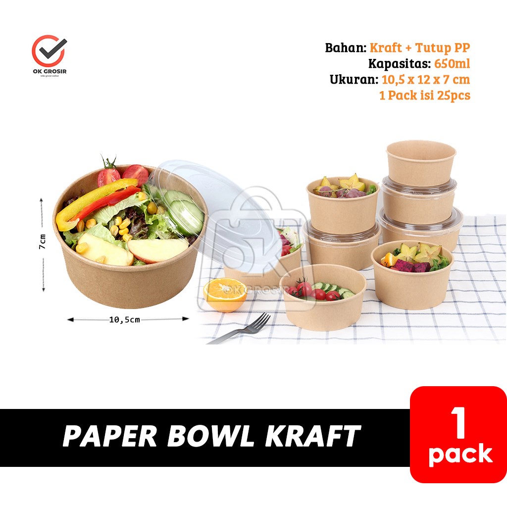 Jual Paper Bowl Kraft BROWN + Tutup Wadah Rice Bowl (1 Pack isi 25 ...