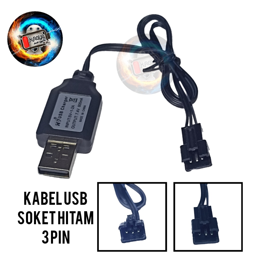 Jual Kabel Cas Baterai Mobil RC Model USB Soket Hitam 3Pin Panjang 50cm | Shopee Indonesia