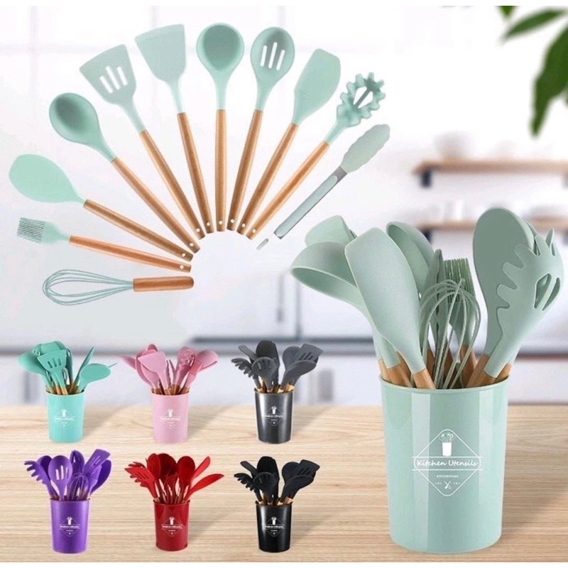 Jual 12in1 - SPATULA UTENSIL SET KAYU SILICON ALAT MASAK DAPUR VIRAL ...