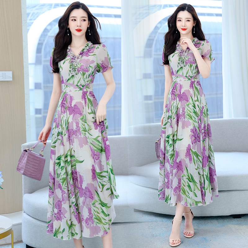 Jual FAN Gaun sifon motif sifon gaya Korea baru 2024/long dress chiffon ...