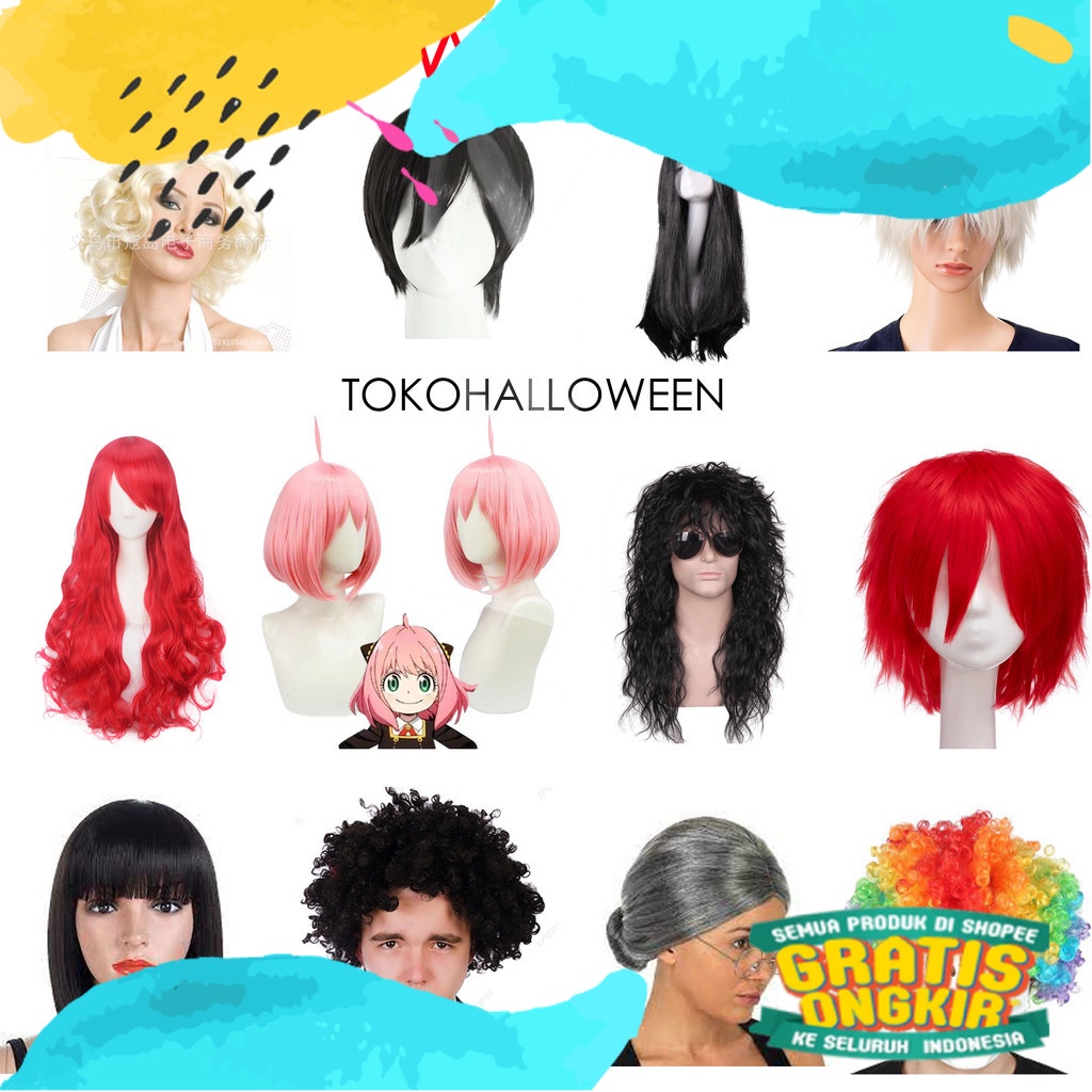 Jual wig anime cosplay afro kribo rambut palsu anya warna merah putih ...