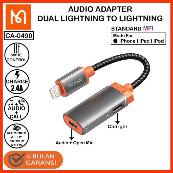 Jual CA-0490 Converter Audio Mcdodo Lightning To Dual Lighting Charge + Mic | Shopee Indonesia