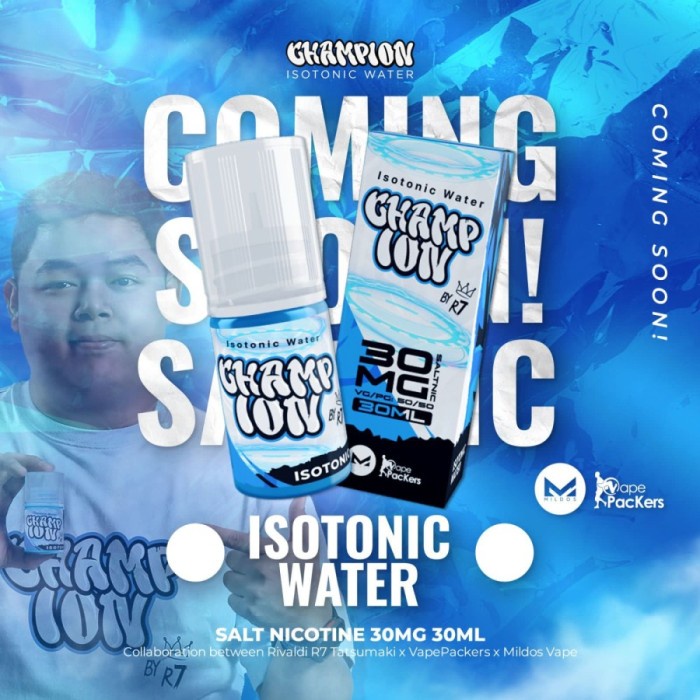 Jual CHAMPION ISOTONIC WATER SALTNIC 30MG 30ML BY R7 x MILDOS ORIGINAL ...