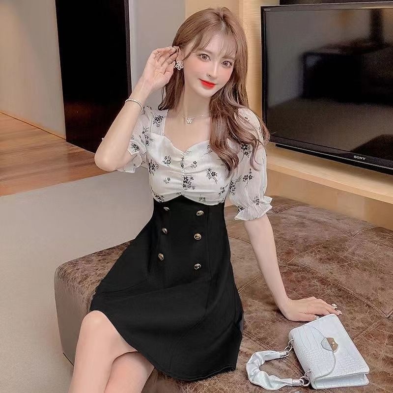 Jual FANMU Gaun Sifon Mosaik Lengan Pendek Retro Perancis Baru 2025 ...