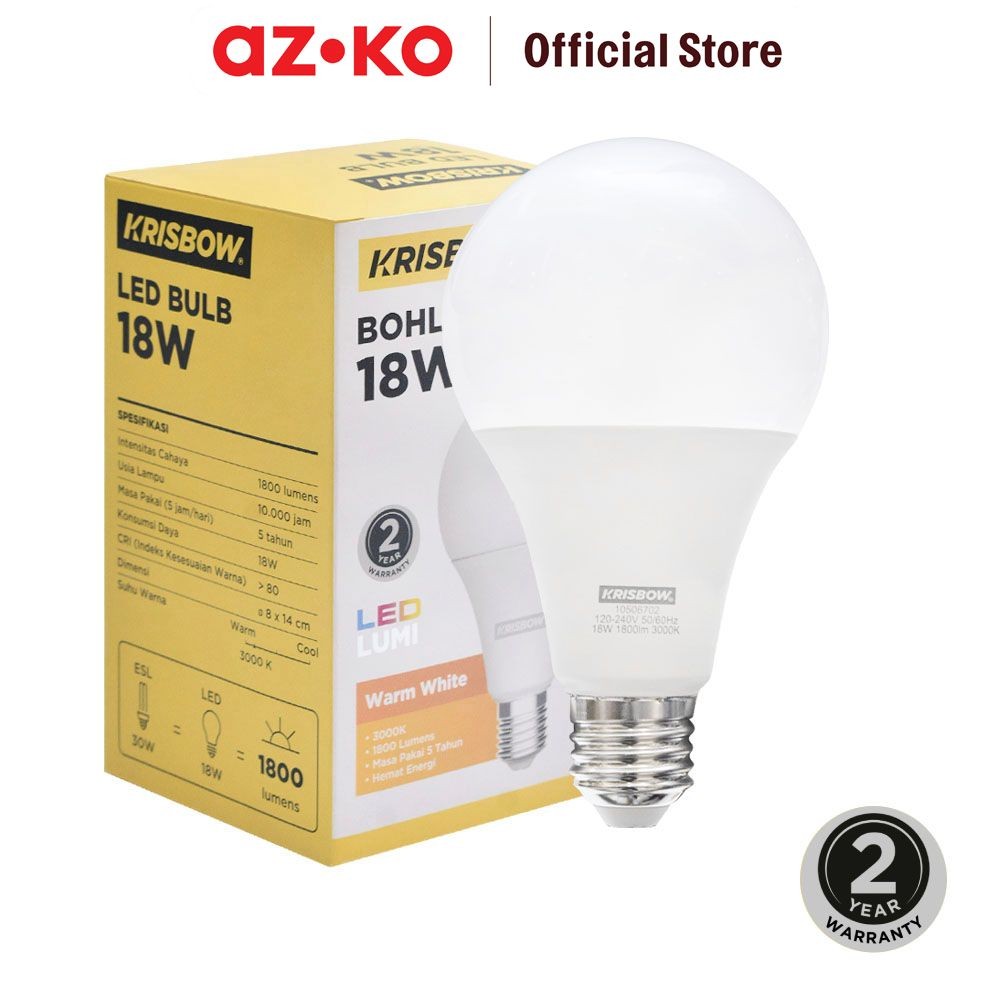 Jual AZKO Krisbow Lumi Bohlam Led 18 watt 3000k Warm White - Kuning Bulb Lampu Indoor Outdoor ...