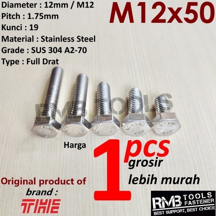 Jual M12x50 Baut Hex Stainless SUS 304 SS A2-70 Drat 1.75 Kunci 19 FT M12 | Shopee Indonesia