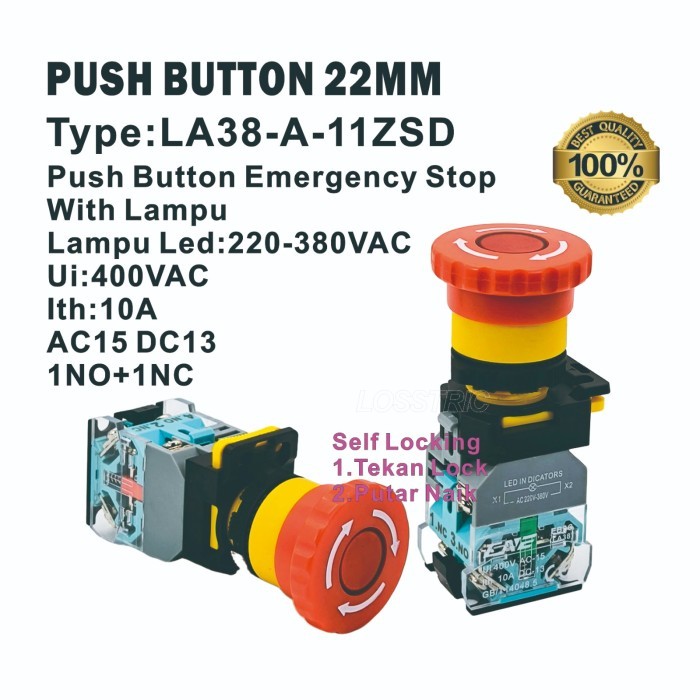 Jual Push Button Emergency Stop/Push lock/Reset Self Locking With Lamp ...