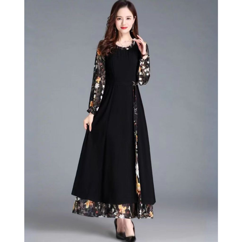 Jual FAN Gaun Midi Lengan Panjang Bermotif Korea | Shopee Indonesia