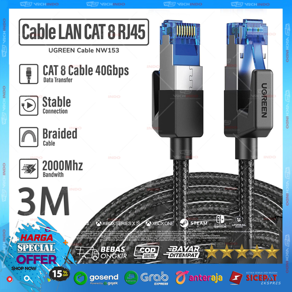 Jual Kabel Lan 3M Ugreen Cat8 RJ45 STP - 40Gbps / 2000Mhz - KABEL BULAT! | Shopee Indonesia