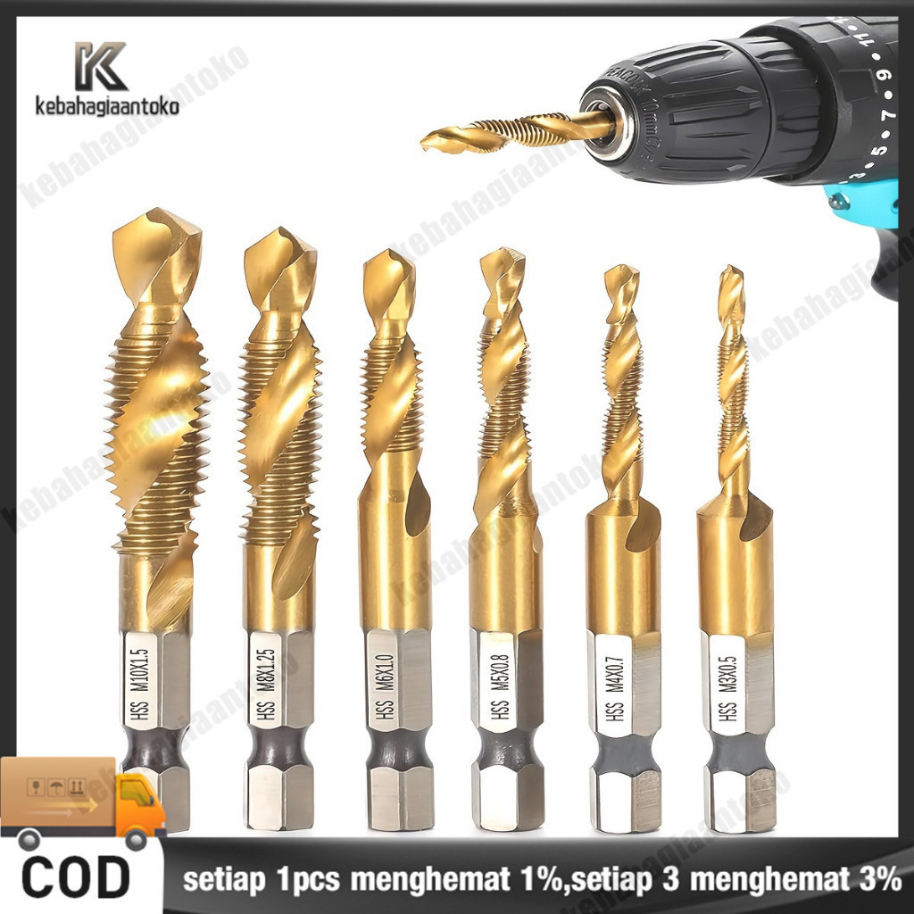 Jual Mata Bor Pembuat Ulir Drat 6Pcs Drill Tap set M3-M10 Hex Twist ...