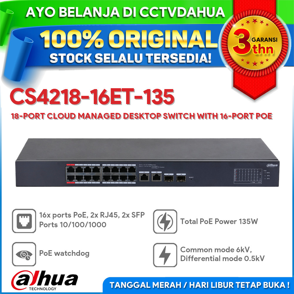 Jual DAHUA CS4218-16ET-135 18-PORT CLOUD MANAGED DESKTOP SWITCH WITH 16 ...