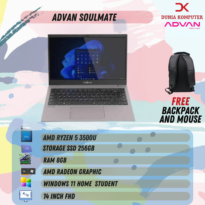 Jual LAPTOP Advan Soulmate Plus Ryzen 5 3500U 8GB 256GB W11 Home Grey ...