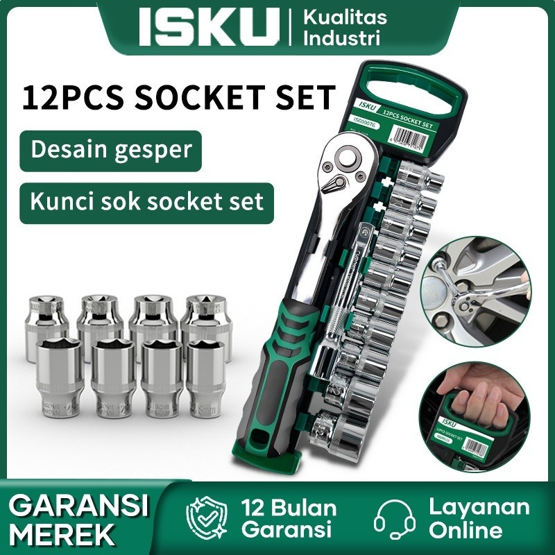 Jual ISKU kunci shock set 12Pcs kunci Ratchet 1/4 Inch 8-24mm Mata Sok ...
