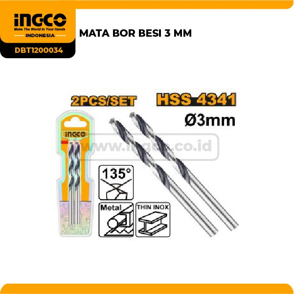 Jual HSS 3mm Mata Bor Besi Set Steel Drill Bit INGCO DBT1200034 Metal ...