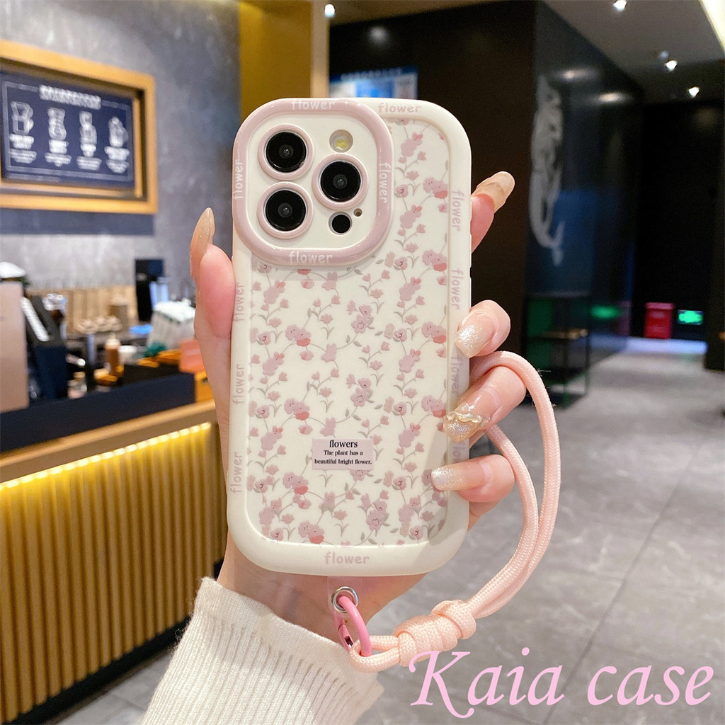 Jual case iPhone 15 Jalur bunga merah muda dengan tali tangan Casing ...