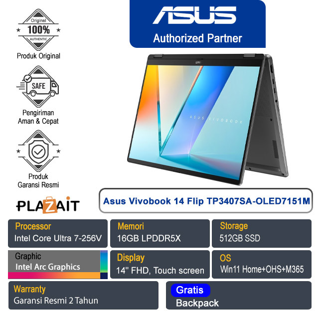 Jual Asus Vivobook 14 Flip TP3407SA-OLED7151M /Intel Core Ultra 7-256V ...