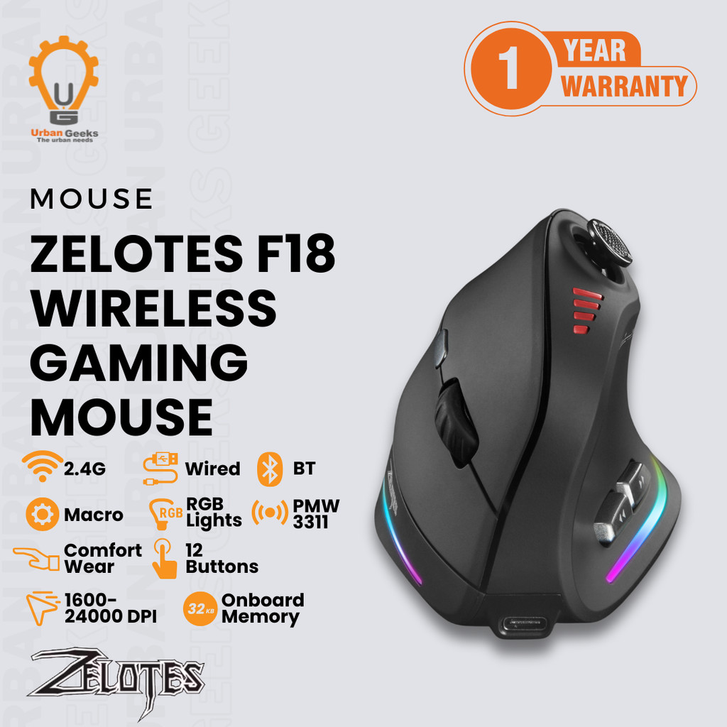 Jual ZELOTES F18 Vertical Gaming Mouse 3 Mode Joystick RGB Ergonomic ...