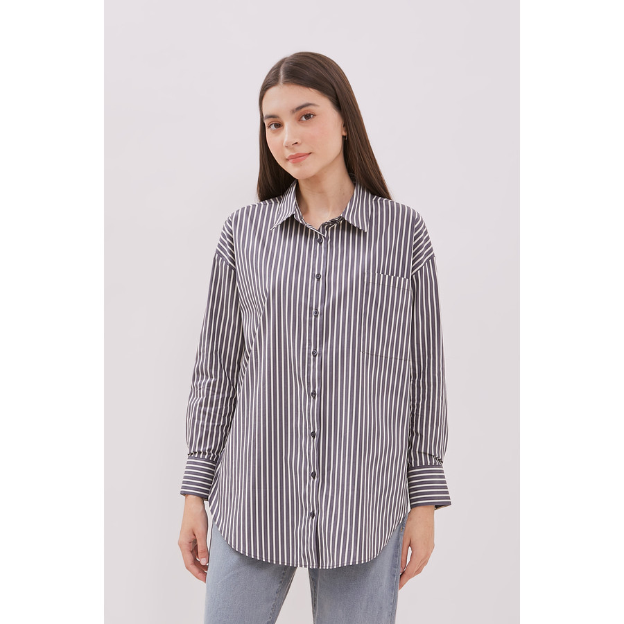 Jual MINIMAL - Daliva - Kemeja Wanita Motif Garis - Navy | Shopee Indonesia