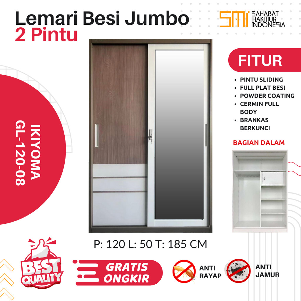 Jual Lemari Pakaian Besi 2 Pintu Sliding Door 120cm Ikiyoma SL-120-08 / Metal Wardrobe Lemari ...
