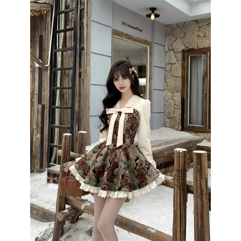 Jual Women Fall Winter Aesthetic Kawaii Girl Bear Print Lolita Mini ...