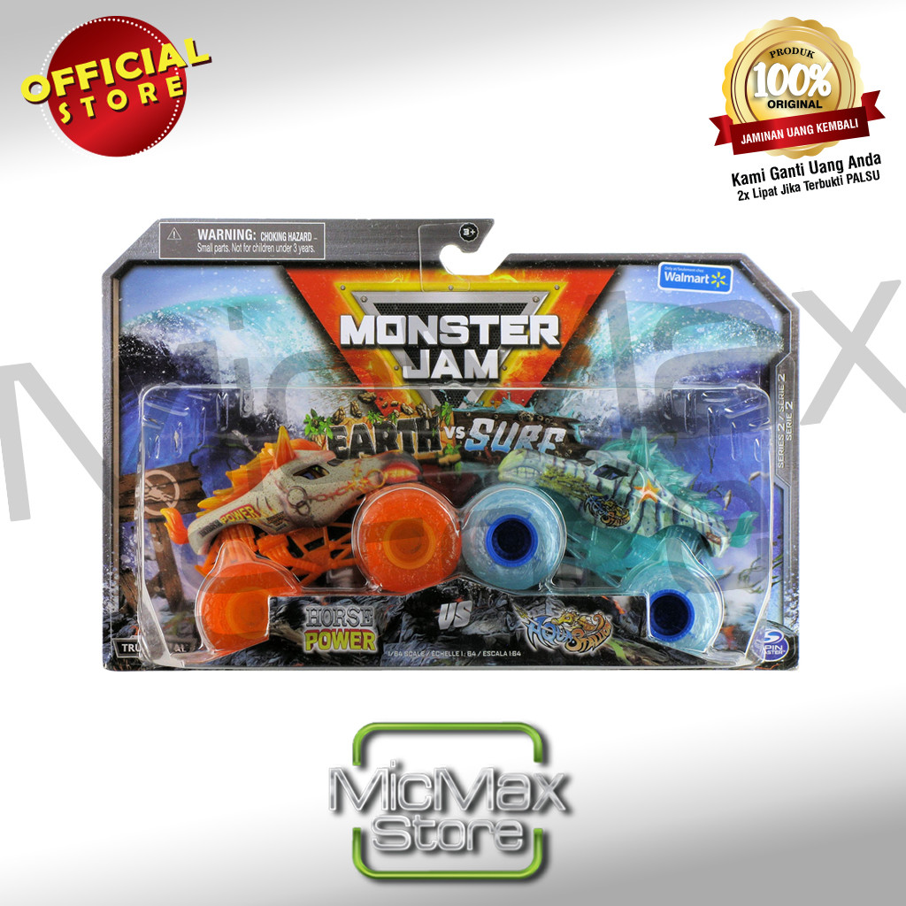 Jual Monster Jam WALMART 1:64 2PACK Earth VS Surf Horse Power and Aqua ...