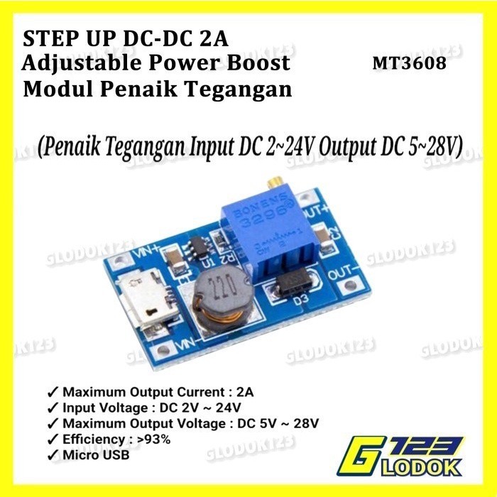 Jual Step Up DC DC Boost 2A Micro USB Power Modul Penaik Tegangan MT3608 | Shopee Indonesia