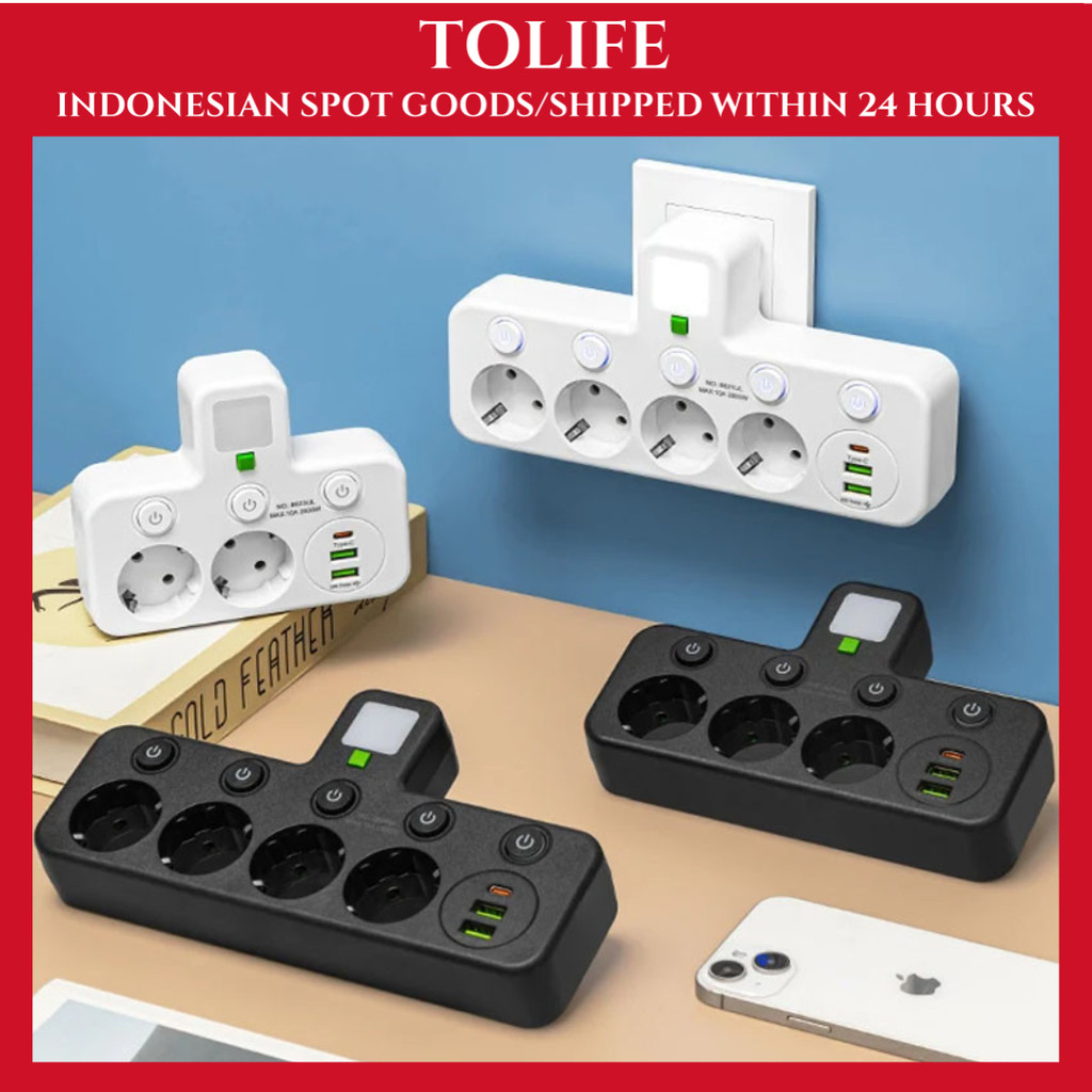 Jual Stop Kontak Multi EU Plug 5 Lubang Colokan Listrik Power Strip USB Type C Fast Charging ...