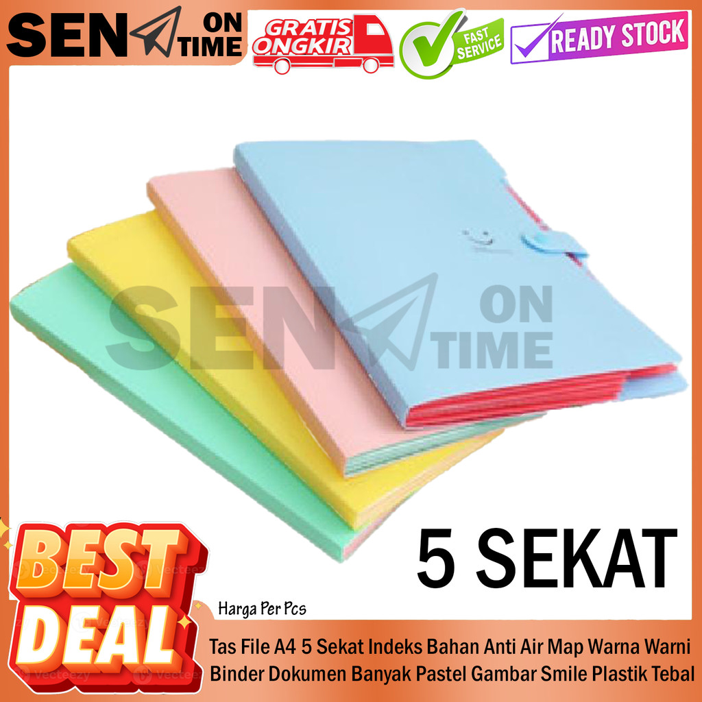 Jual Tas File 5 Sekat A4 Plastik Tebal Klip Warna Warni Pastel Smile ...