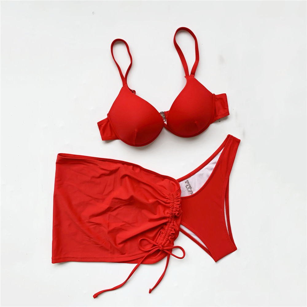 Jual Red Push Up 3 Bikini Set Women 2024 Swimwear Mesh Cover Up High ...