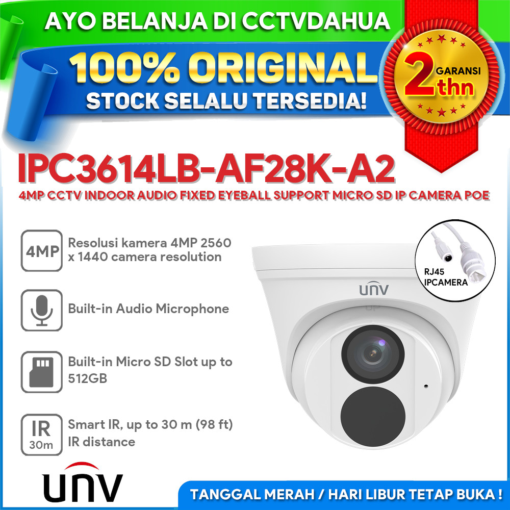 Jual UNV IPC3614LB-AF28K-A2 4MP CCTV INDOOR AUDIO FIXED EYEBALL SUPPORT MICRO SD IP CAMERA POE ...
