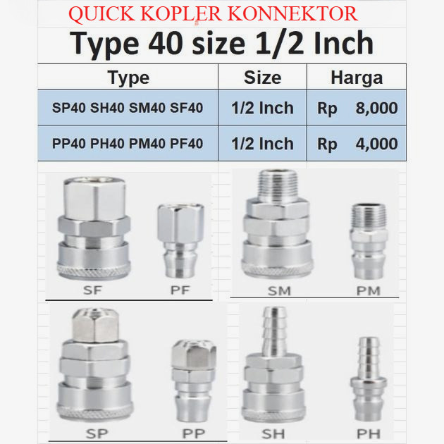 Jual Quick Kopler SP40 PP40 SH40 PH40 SM40 PM40 SF40 PF40 Coupler Connector Kompresor Angin 1/2 ...