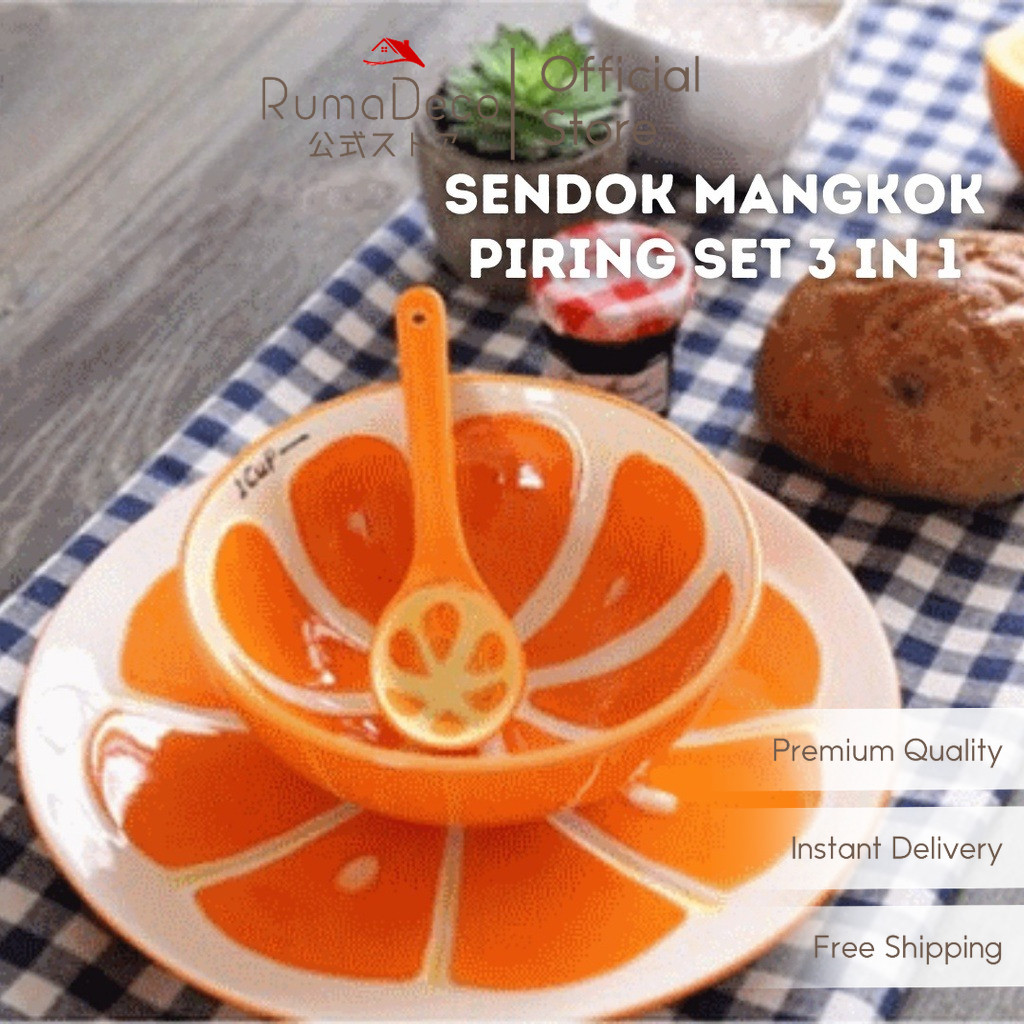 Jual 「 RUMADECO 」Piring Mangkok Sendok Keramik Set Motif Buah | Shopee ...