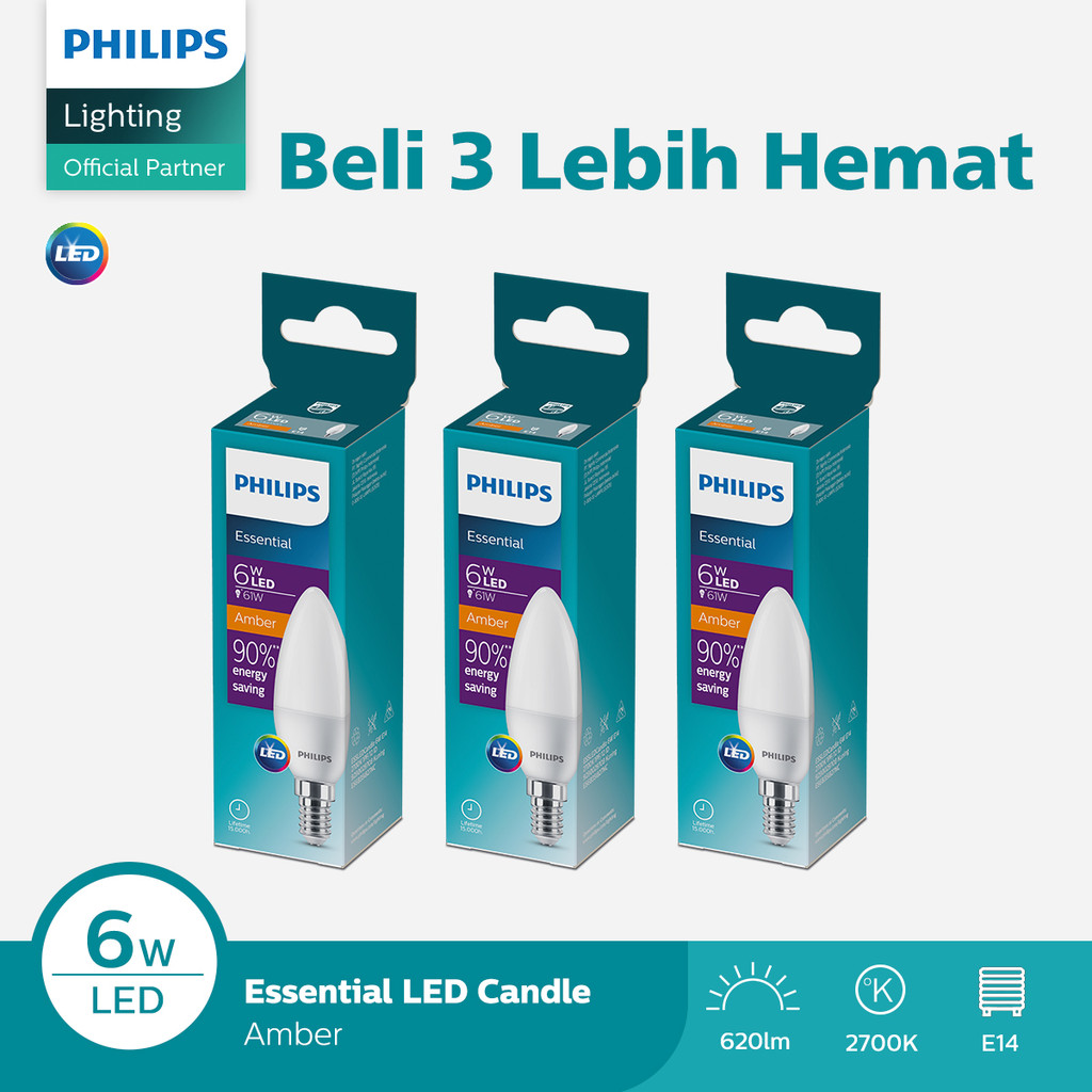 Jual Paket Hemat 3X Lampu Philips Bohlam ESS LED Candle 6W E14 2700K Kuning | Shopee Indonesia